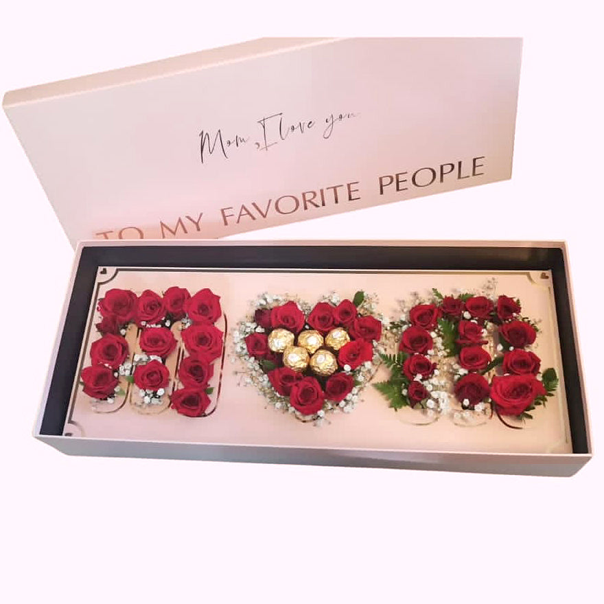 MOM Floral Letters in a Box - Roses & Chocolates | Mauritius