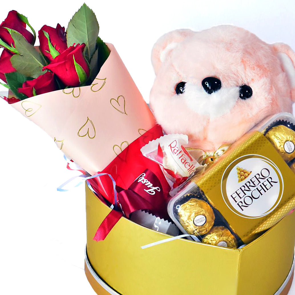 Valentine's Teddy Gift Box: Flowers & Treats | Mauritius